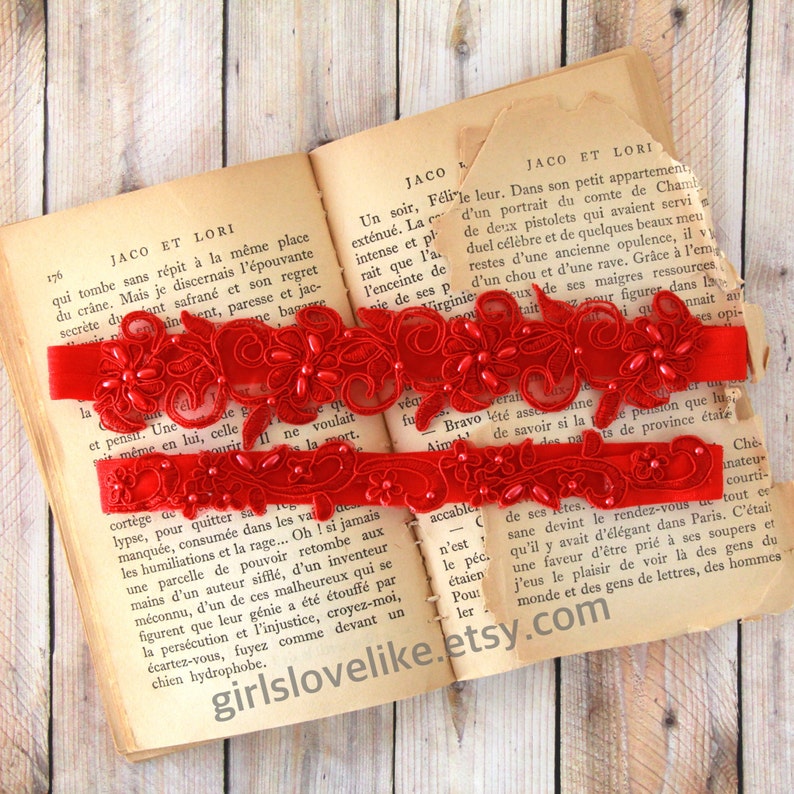 Red Beaded Lace Wedding Garter Set Red Bridal Garter Set Red | Etsy