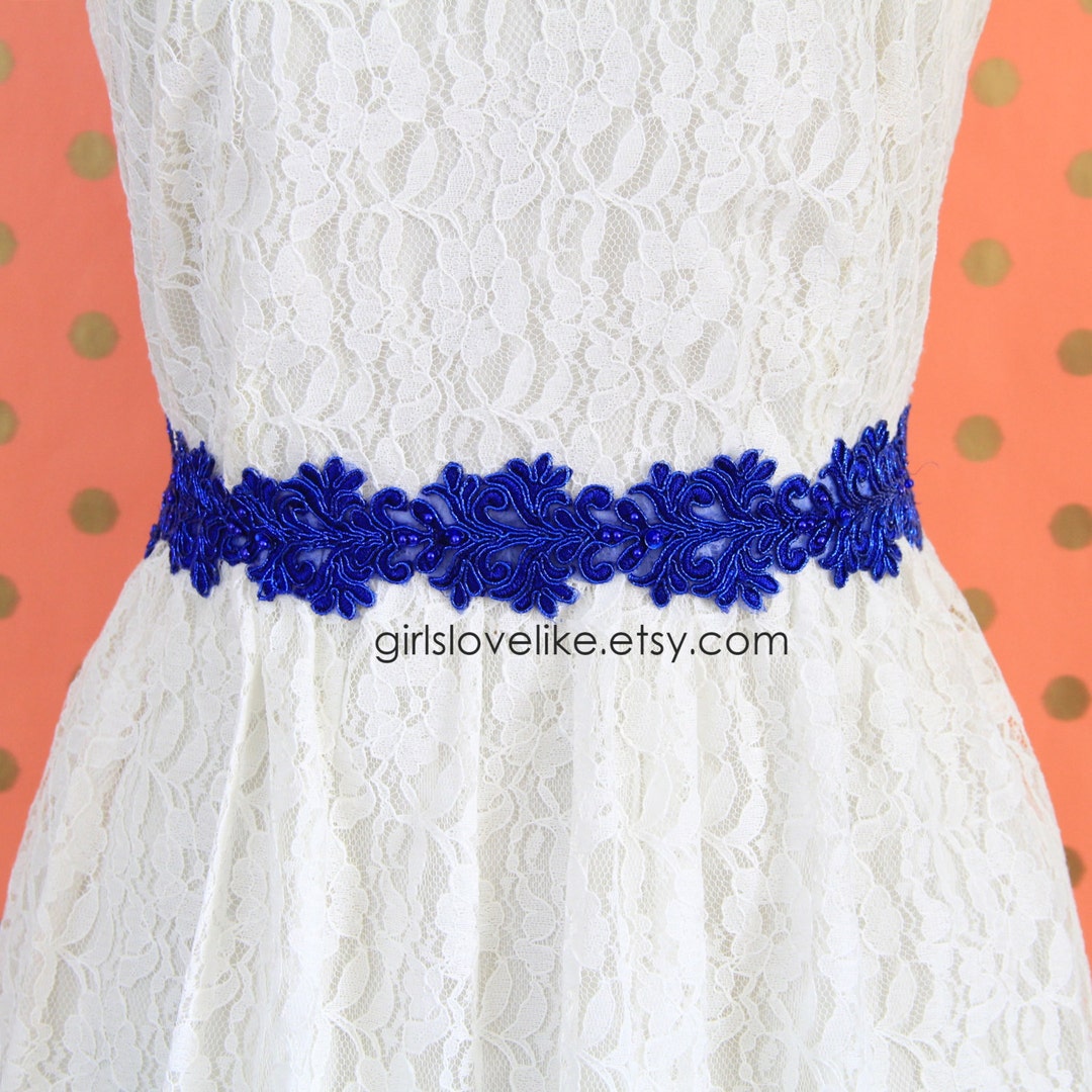 Royal Blue Beaded Lace Sash Bridal Royal Blue Sash - Etsy