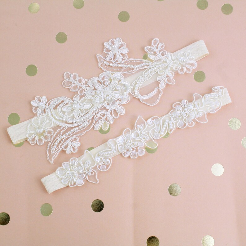 Ivory Beaded Lace Garter Set Bridal Ivory Garter Wedding - Etsy