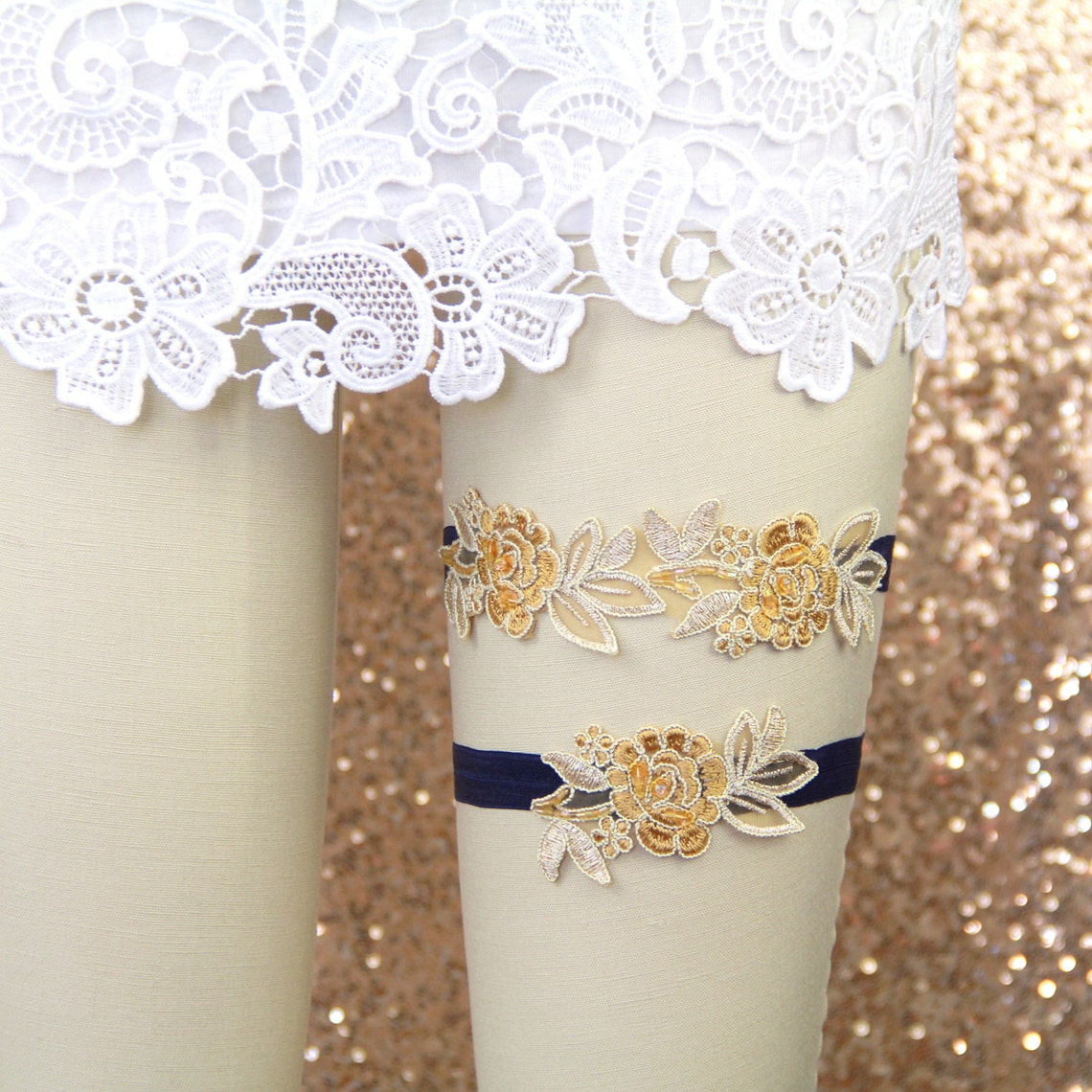 Light Gold Beaded Flower Lace Garter Set Bridal Gold Garter | Etsy