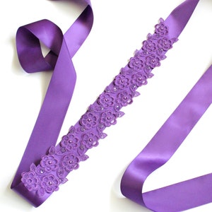 Purple Beaded Lace Satin Ribbon Sash, Purple Wedding Sash, Purple ...