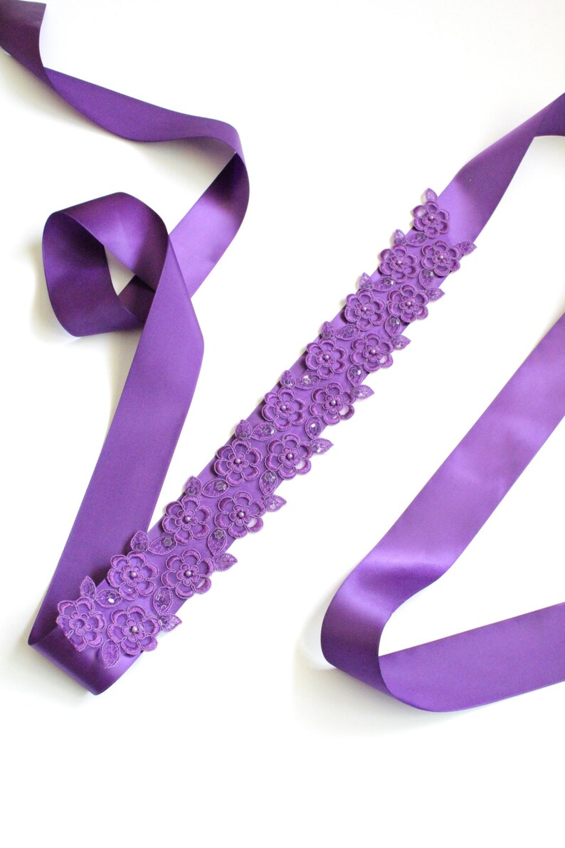 Purple Beaded Lace Satin Ribbon Sash Purple Wedding Sash - Etsy