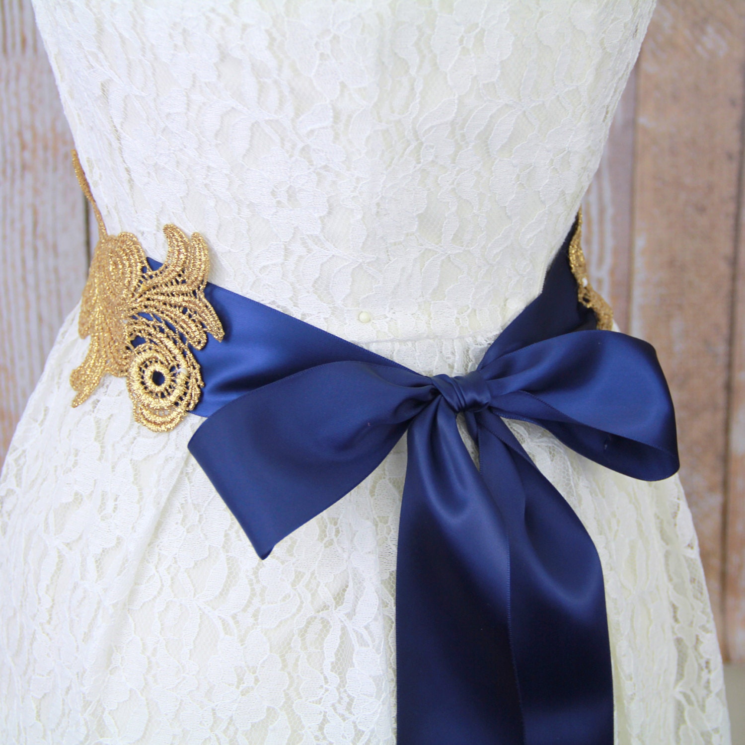 Wide Metallic Gold Lace with Navy Ribbon Sash Belt Bridal | Etsy