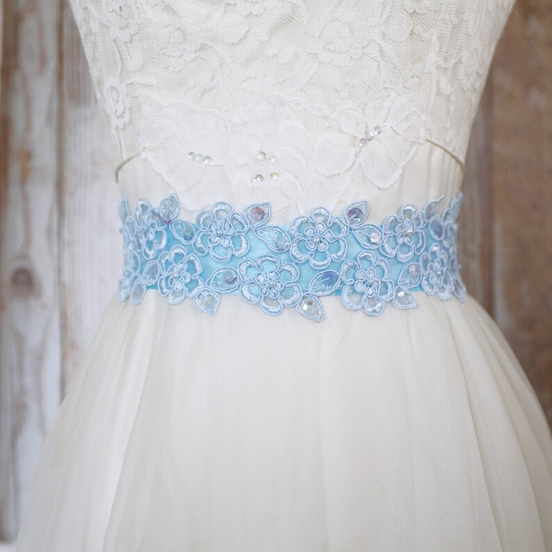 Light Blue Beaded Lace Sash Bridal Light Blue Sash | Etsy
