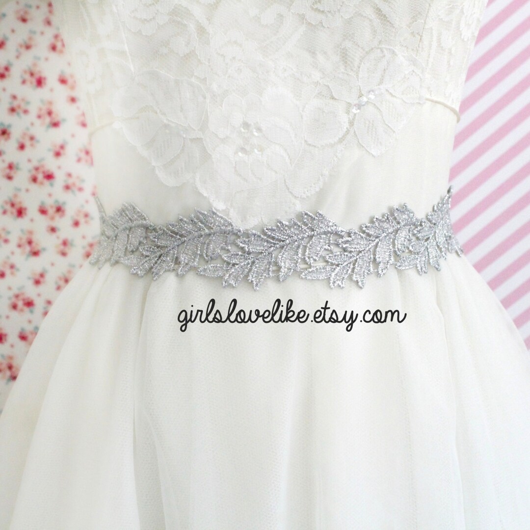 Silver Leaf Lace Satin Ribbon Sash, Bridal Silver Lace Sash, Bridesmaid ...