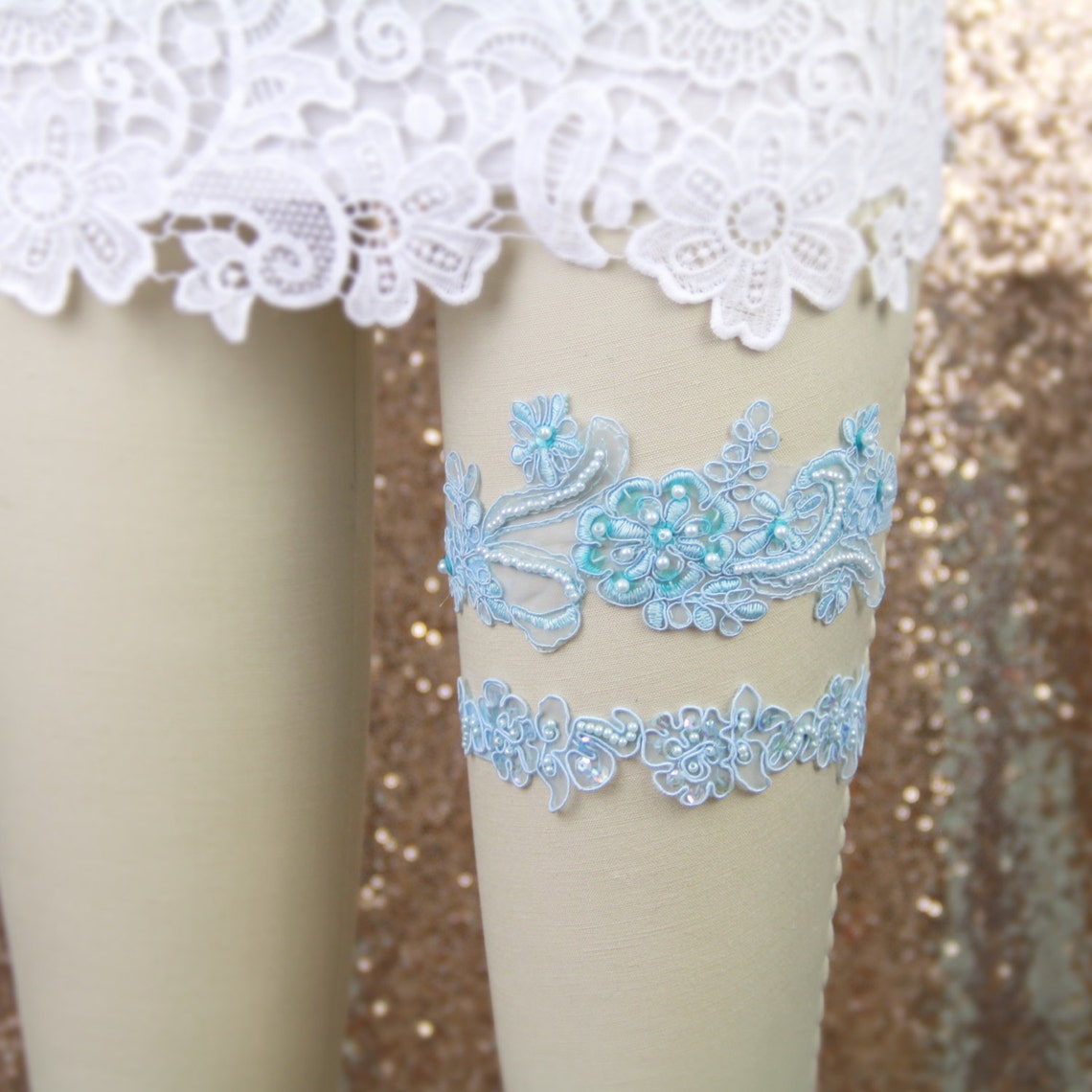 Light Blue Beaded Lace Garter Set Bridal Blue Garter Wedding | Etsy