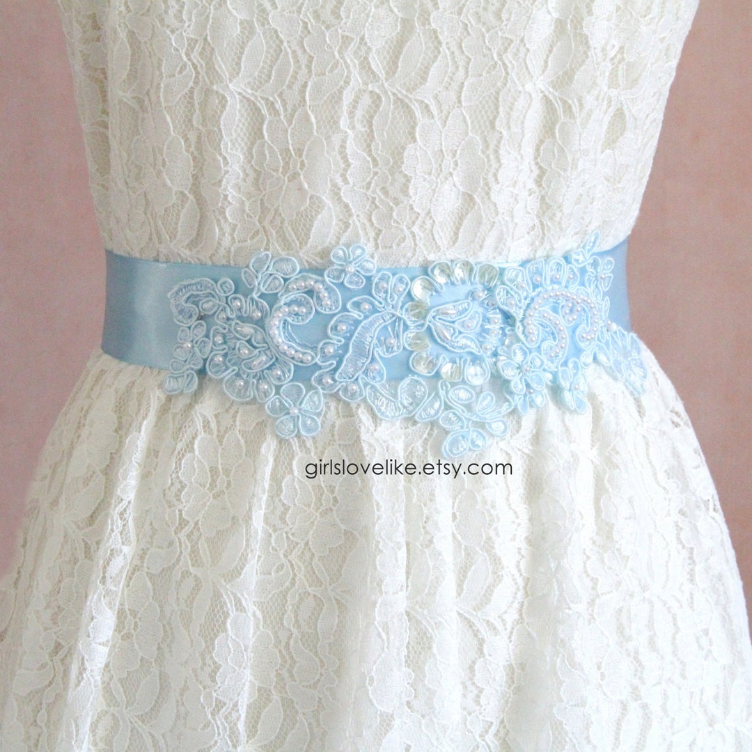 Light Blue Hand Dye Lace White Pearl Beading Lace Sash Belt, Bridal ...