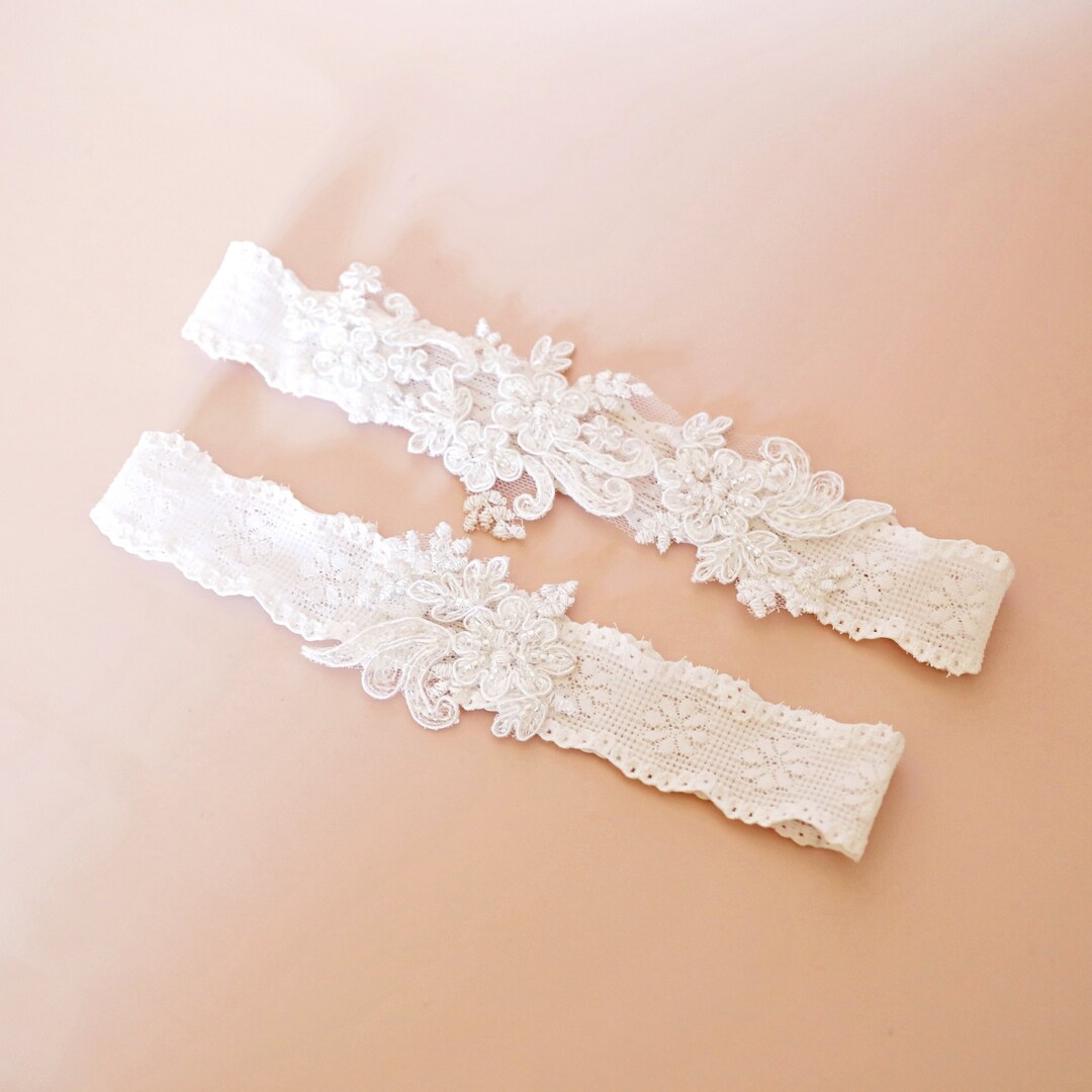 White Beaded Lace Garter Set, Bridal White Garter, Wedding Garter, Prom ...