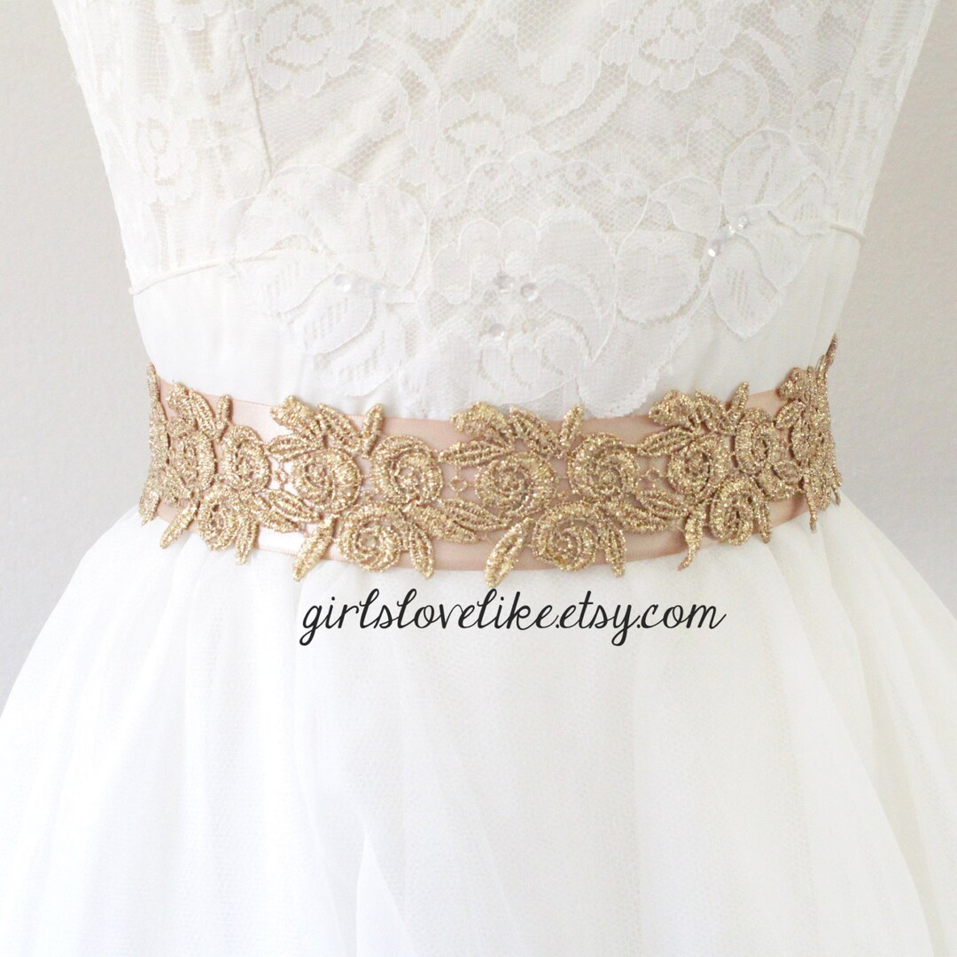 Metallic Gold Flower Lace Sash, Bridal Gold Sash, Bridesmaid Gold Sash ...
