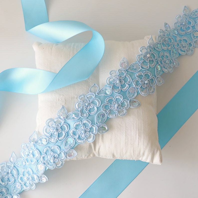 Light Blue Beaded Lace Sash Bridal Light Blue Sash | Etsy