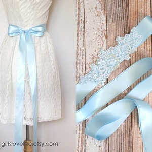 Light Blue Hand Dye Lace White Pearl Beading Lace Sash Belt, Bridal ...