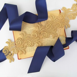 Wide Metallic Gold Lace With Navy Ribbon Sash Belt, Bridal Gold Lace ...