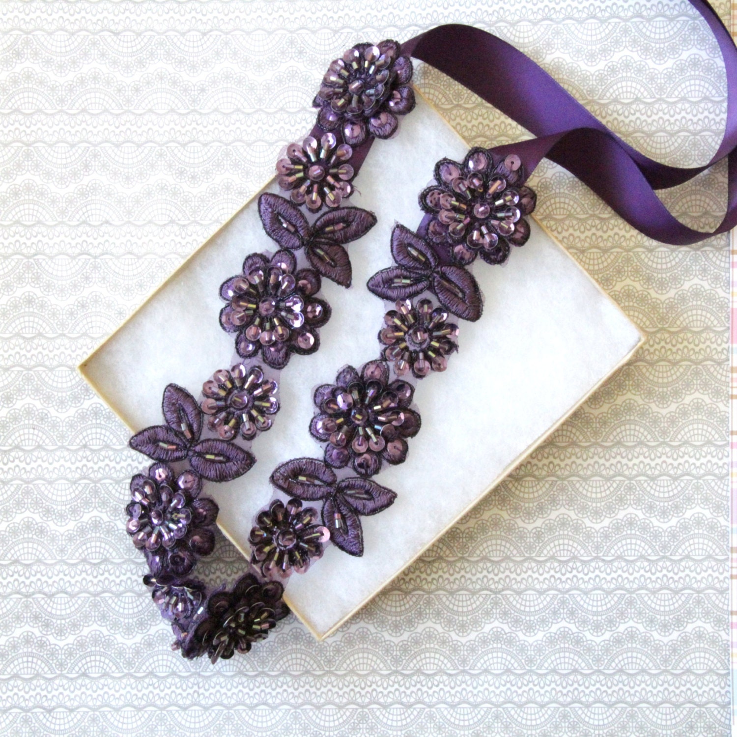 Plum Dark Purple Beaded Lace Sash Belt Plum Bridal Sash | Etsy