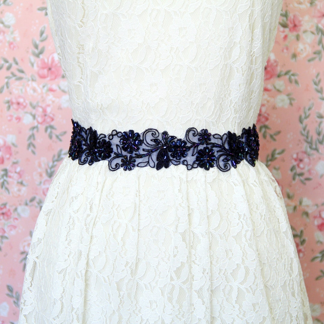 Navy Beaded Lace Sash, Bridal Navy Sash, Bridesmaid Blue Sash, Flower ...