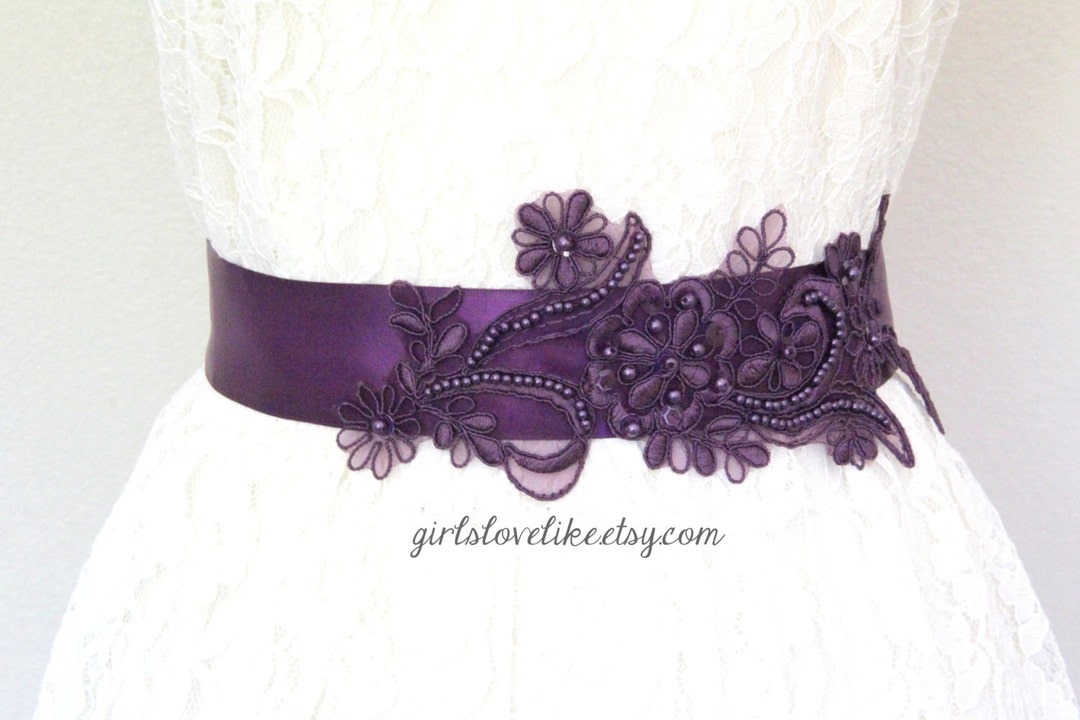 Plum, Dark Purple Beaded Lace Sash Belt, Plum Bridal Sash, Bridesmaid ...