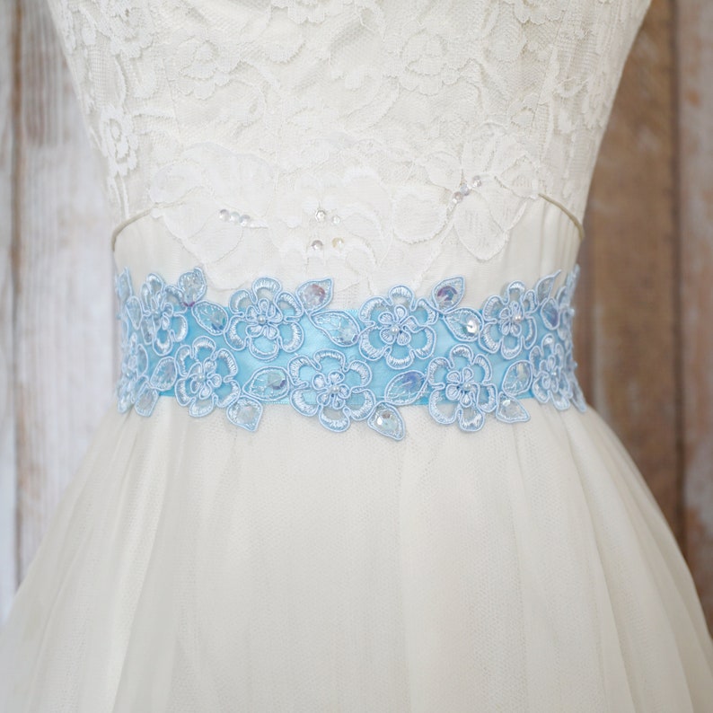 Light Blue Beaded Lace Sash Bridal Light Blue Sash | Etsy