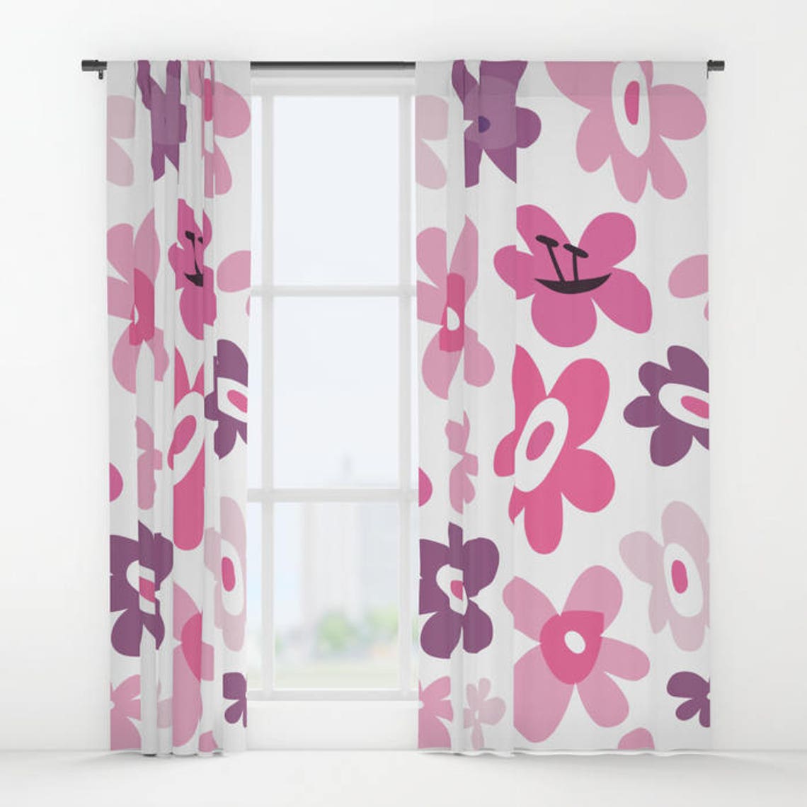 Pink Flowers Curtains Pink Window Curtains Flower Window - Etsy