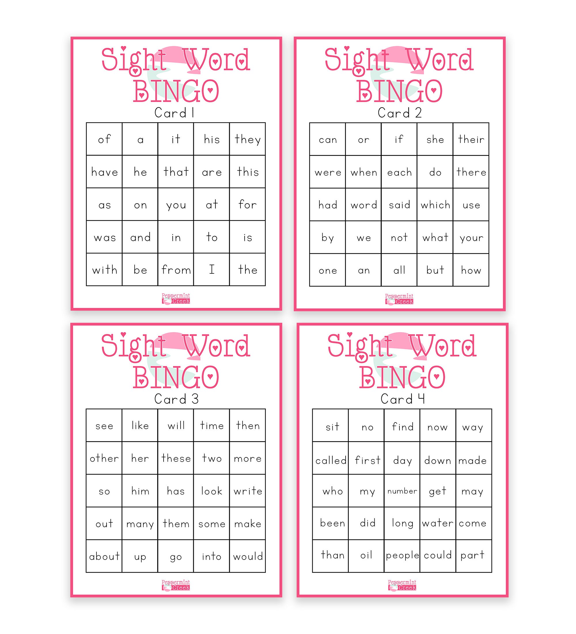 Sight Word Bingo Game for Children, Learning Resource, Frys 100 Site ...