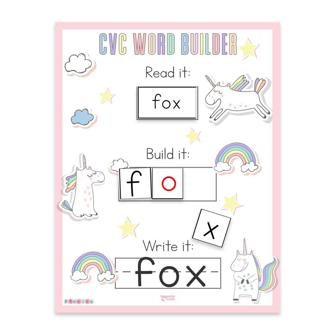CVC Word Builder, Digital Download, Unicorn Theme, Word Families ...