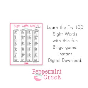 Sight Word Bingo Game for Children, Learning Resource, Frys 100 Site ...