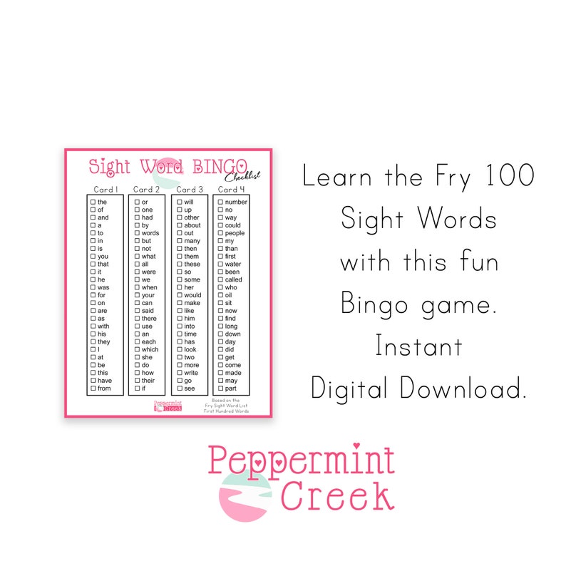 Sight Word Bingo Game for Children, Learning Resource, Frys 100 Site ...