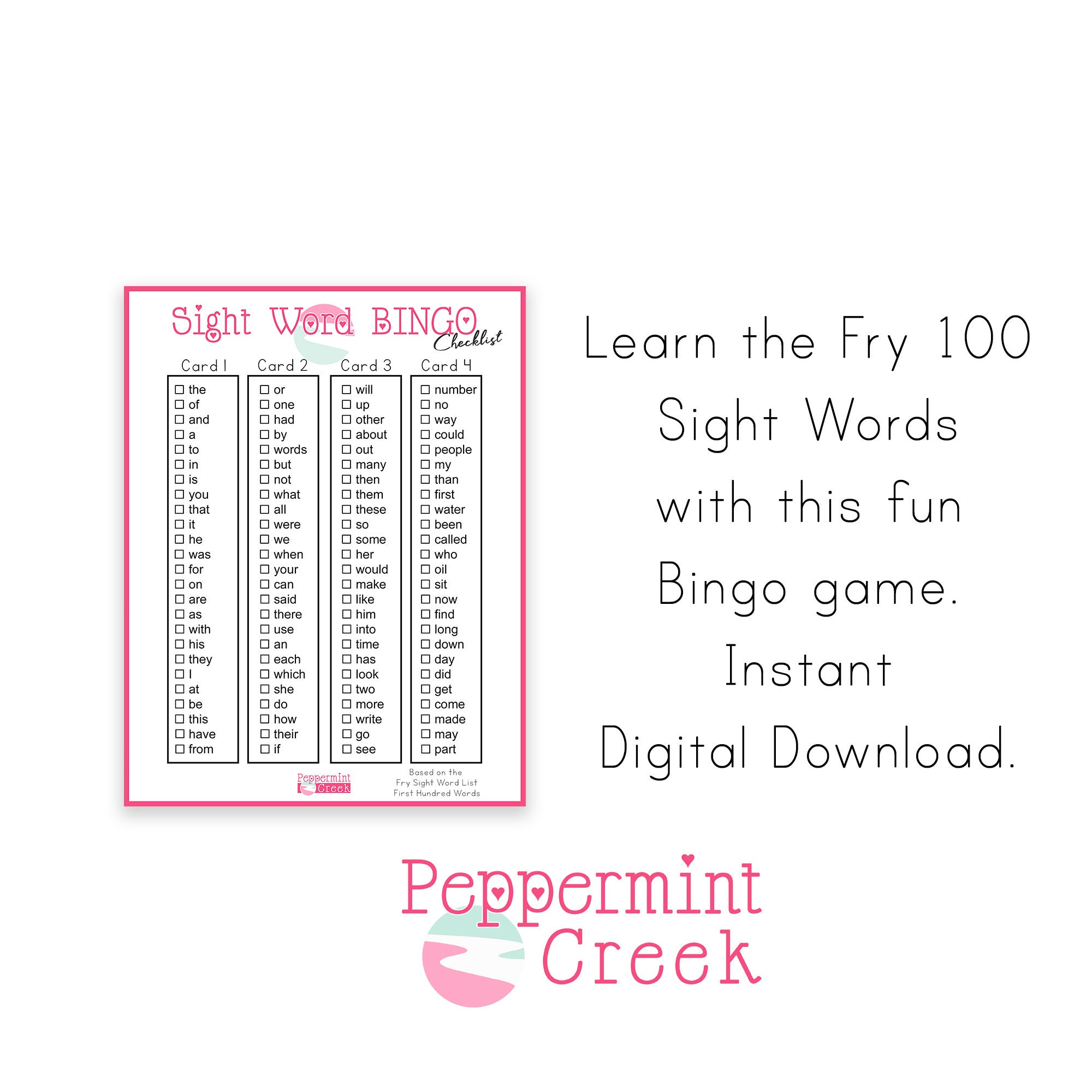 Sight Word Bingo Game for Children, Learning Resource, Frys 100 Site ...