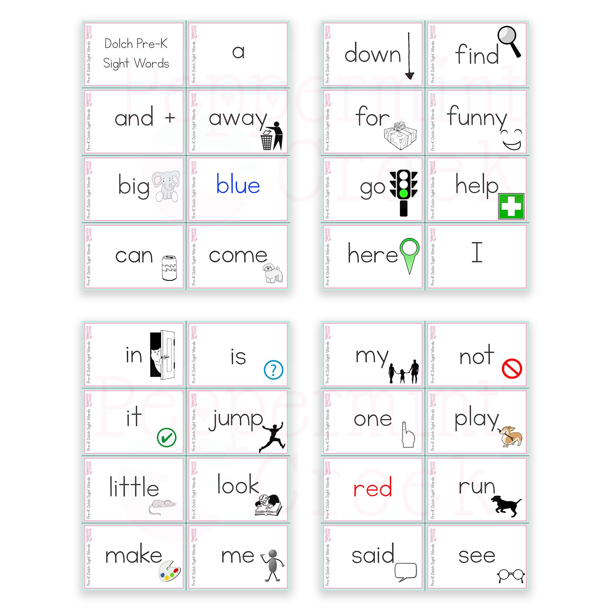 Dolch Pre-k Sight Word Flash Cards, Early Readers, Learn to Read ...