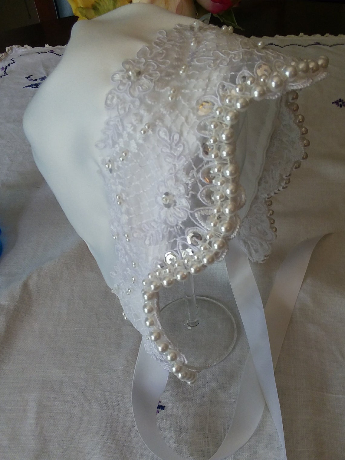White Elegant Satin and Lace Baby Bonnet With Hand Sewn Double Row of ...