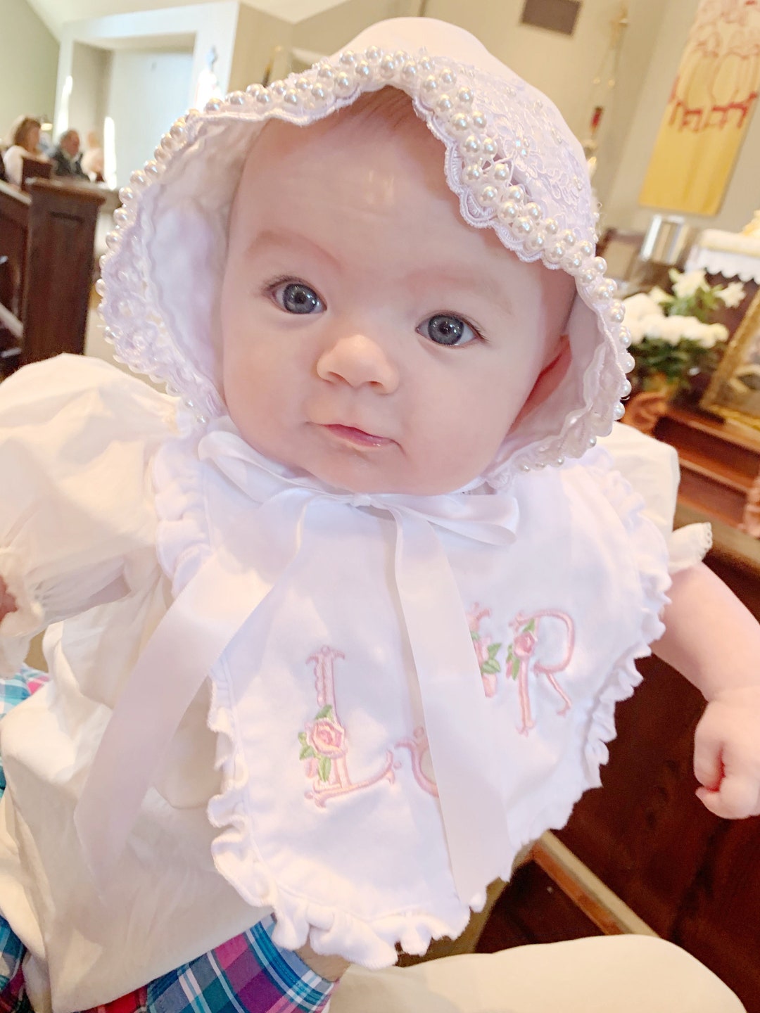 White Elegant Satin and Lace Baby Bonnet With Hand Sewn Double Row of ...