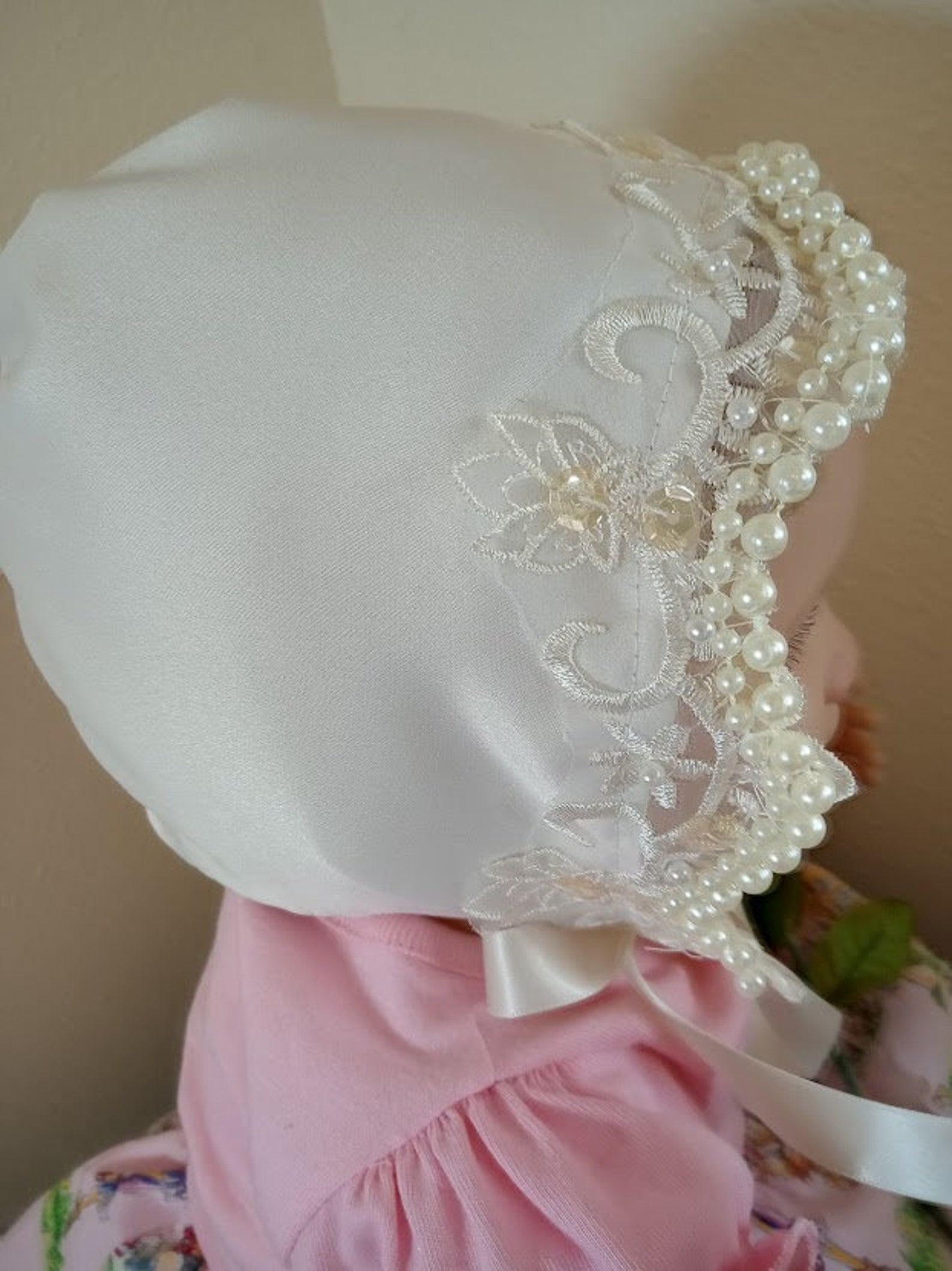 White Elegant Satin and Lace Baby Bonnet With Hand Sewn Double Row of ...