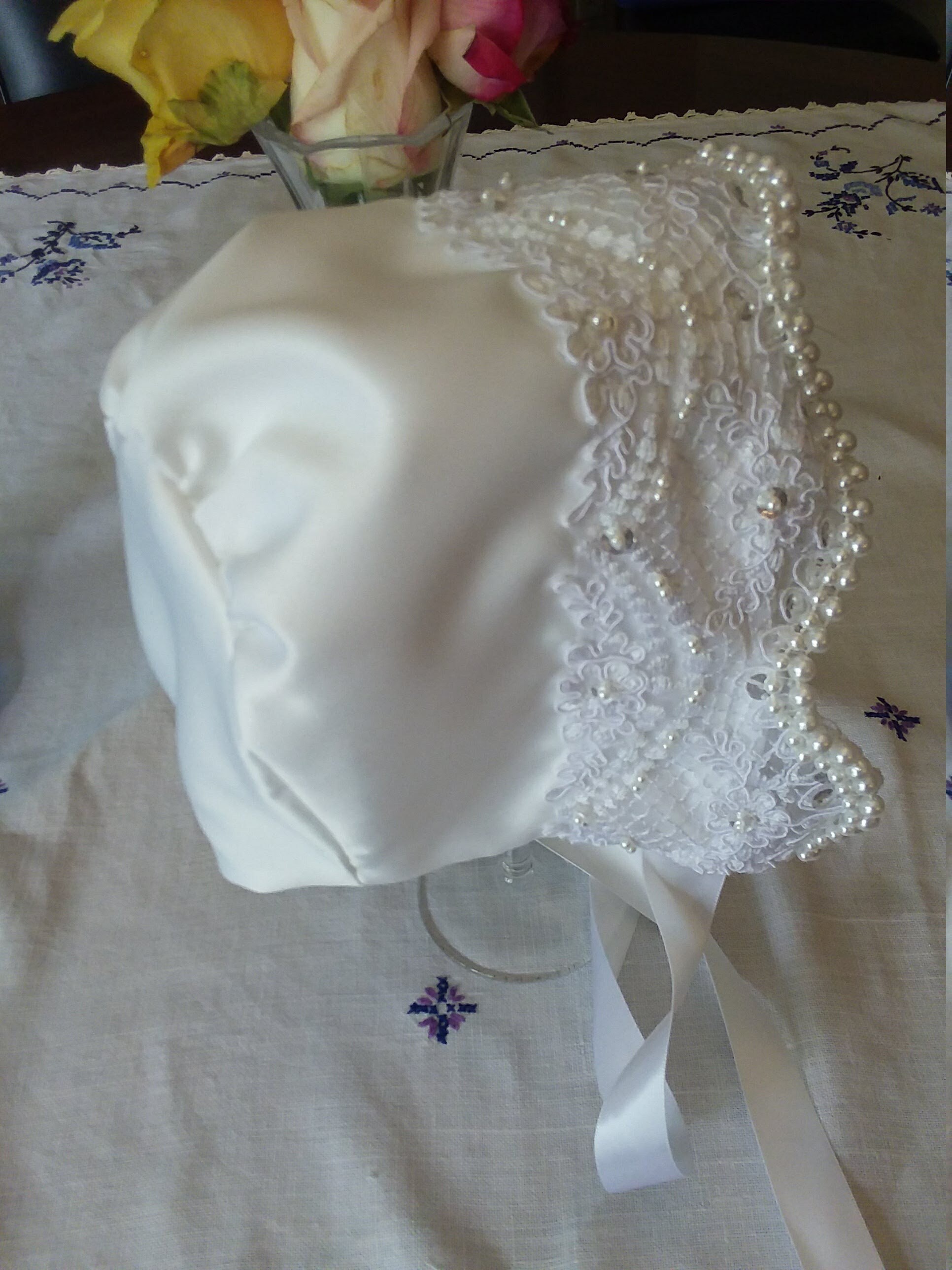 White elegant satin and lace baby bonnet with hand sewn double | Etsy