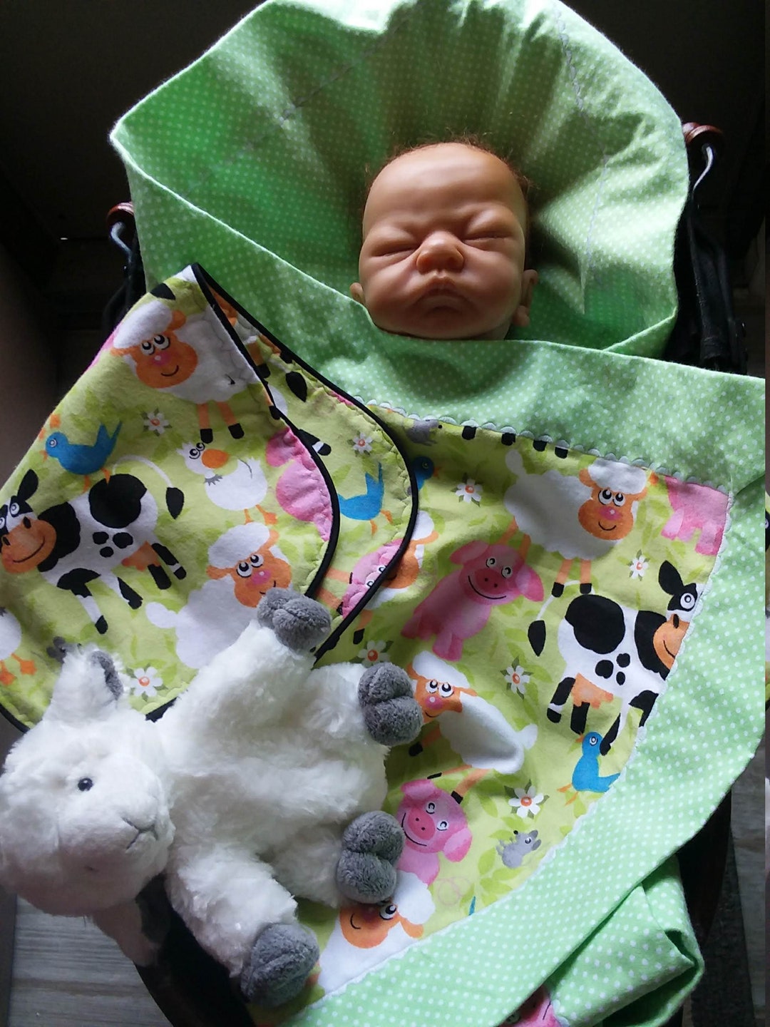Receiving Blanket Made From Farm Animal Print Flannel and Printed Green ...