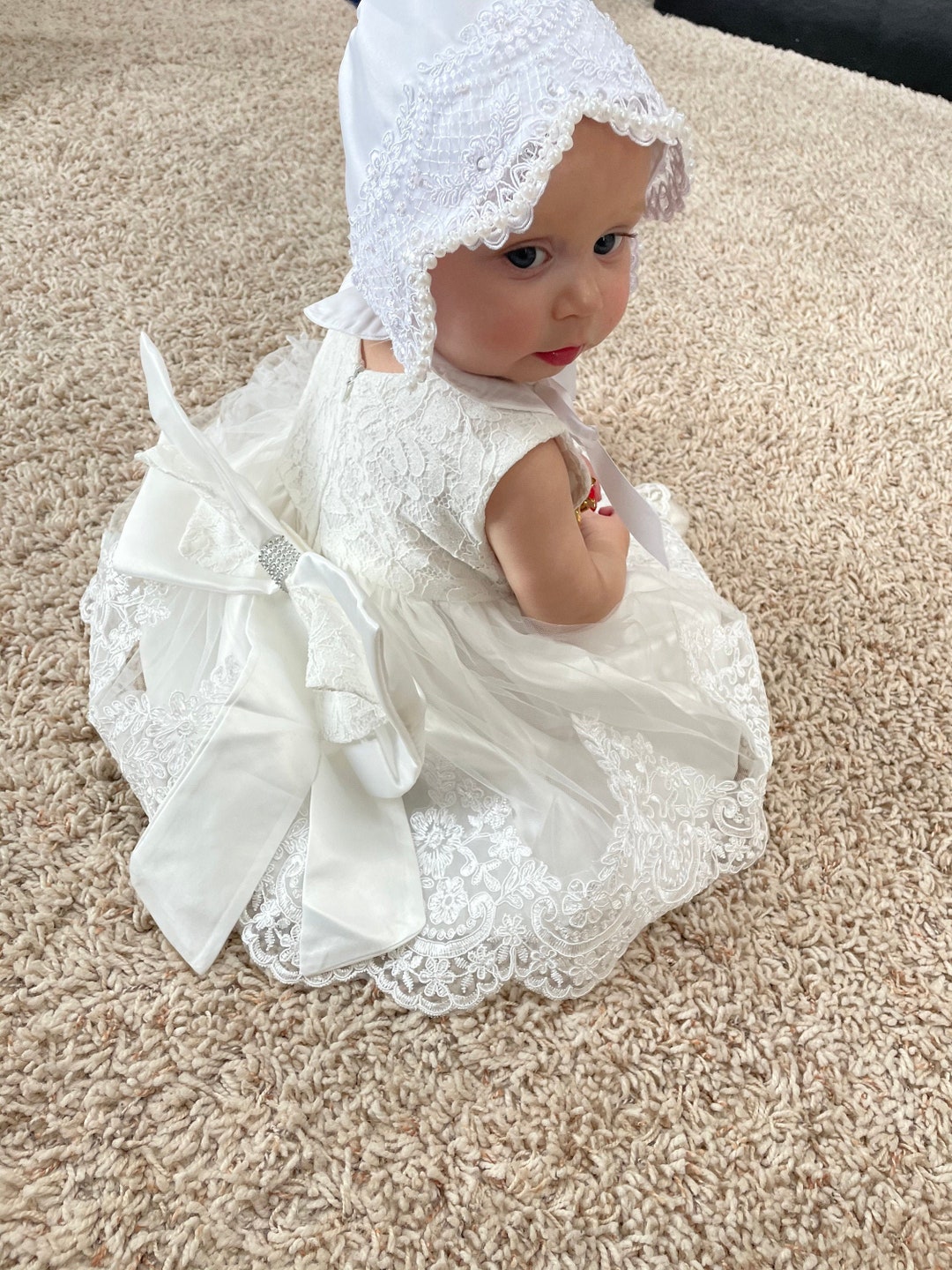 White Elegant Satin and Lace Baby Bonnet With Hand Sewn Double Row of ...