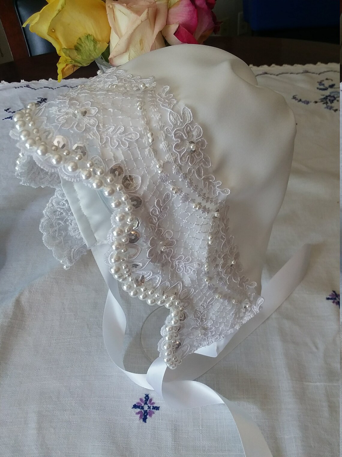 White Elegant Satin and Lace Baby Bonnet With Hand Sewn Double - Etsy