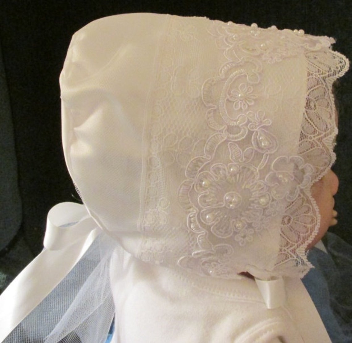 Elegant Satin and Tulle Baby Bonnet With Two Different Laces | Etsy