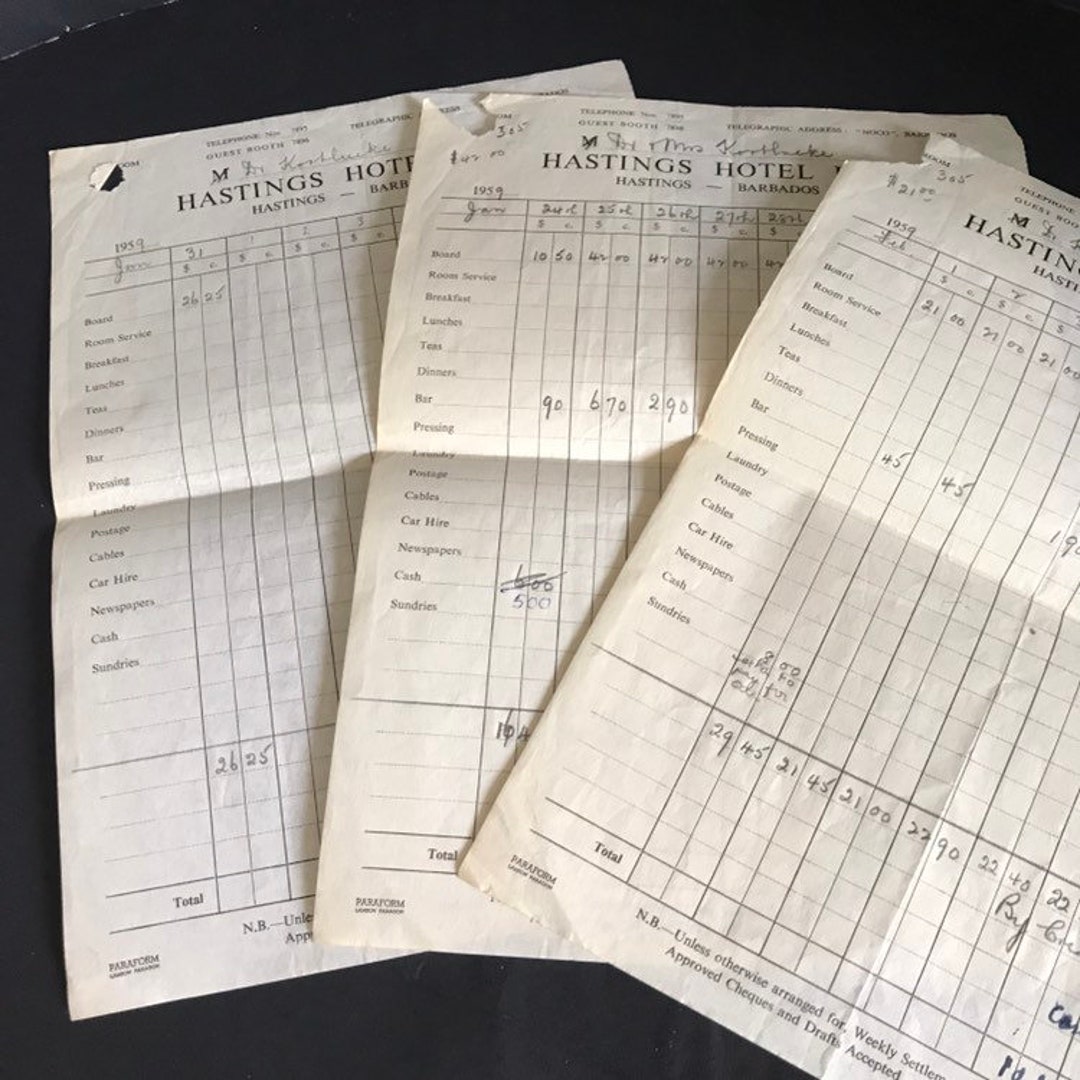 Vintage 1959 Barbados Hotel Bills: Ephemera for Junk Journaling, Travel ...