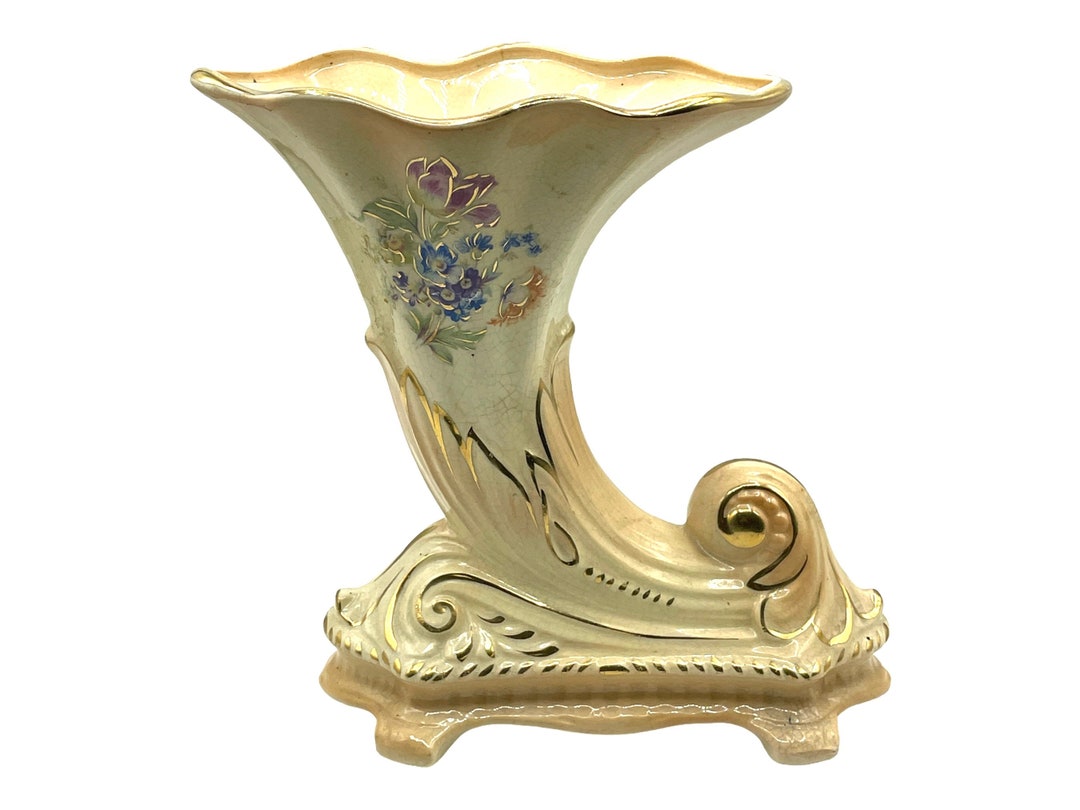 Vintage Ceramic Cornucopia Vase, Beige With Flowers and Gold Trim ...