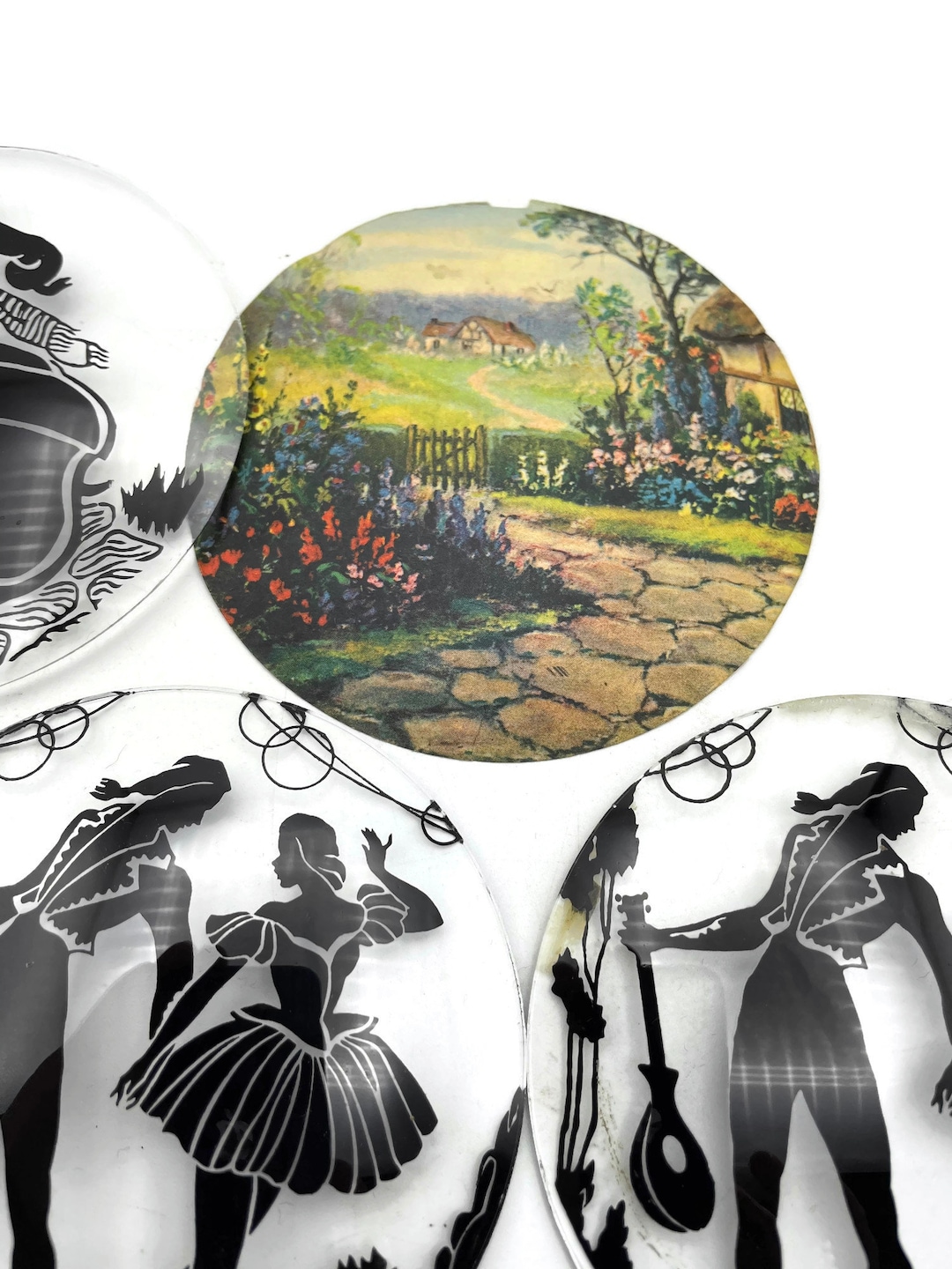 Vintage Reverse Painting Glass Disks Set, Ballet Dancer and Minstrel ...