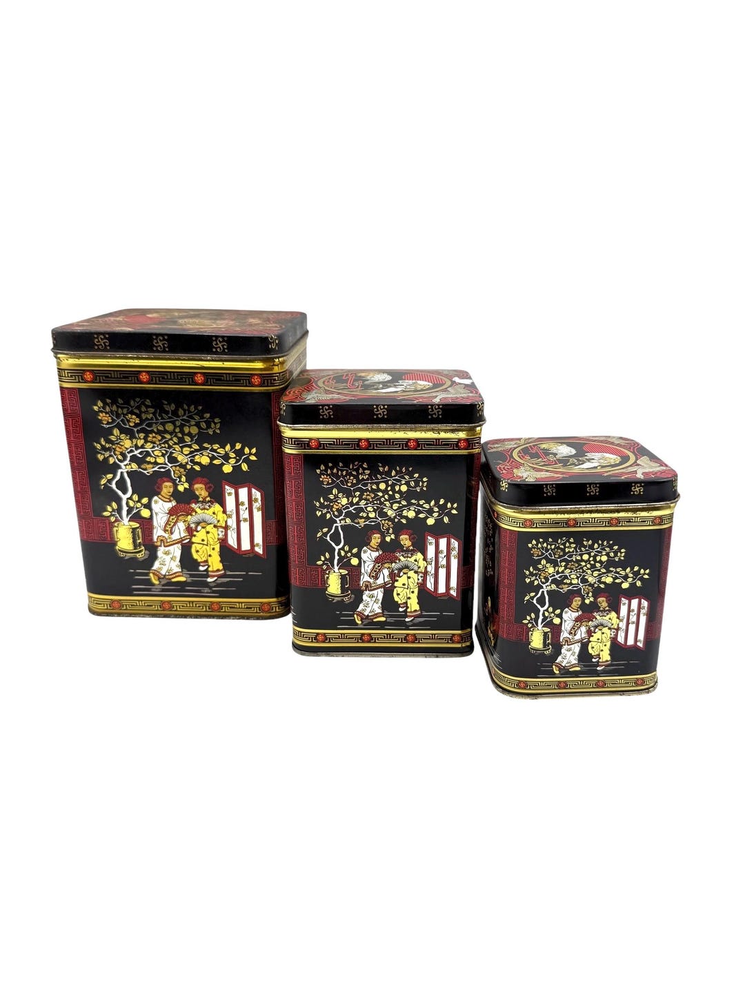 Vintage Nesting Tea Tins: Asian Design, Black & Gold Storage, Set of 3 ...