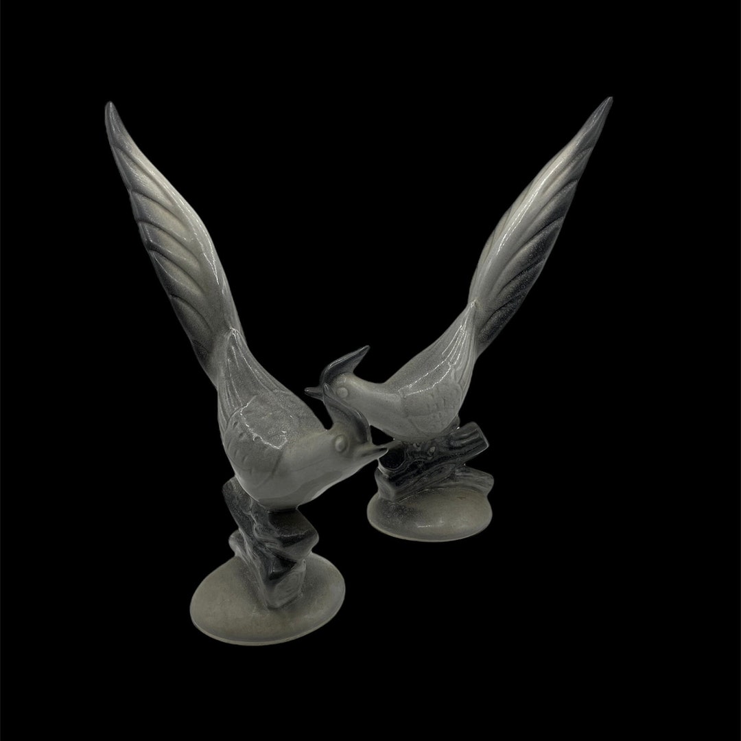 Mid Century Ceramic Bird Statues Two Gray Plumed Birds With - Etsy