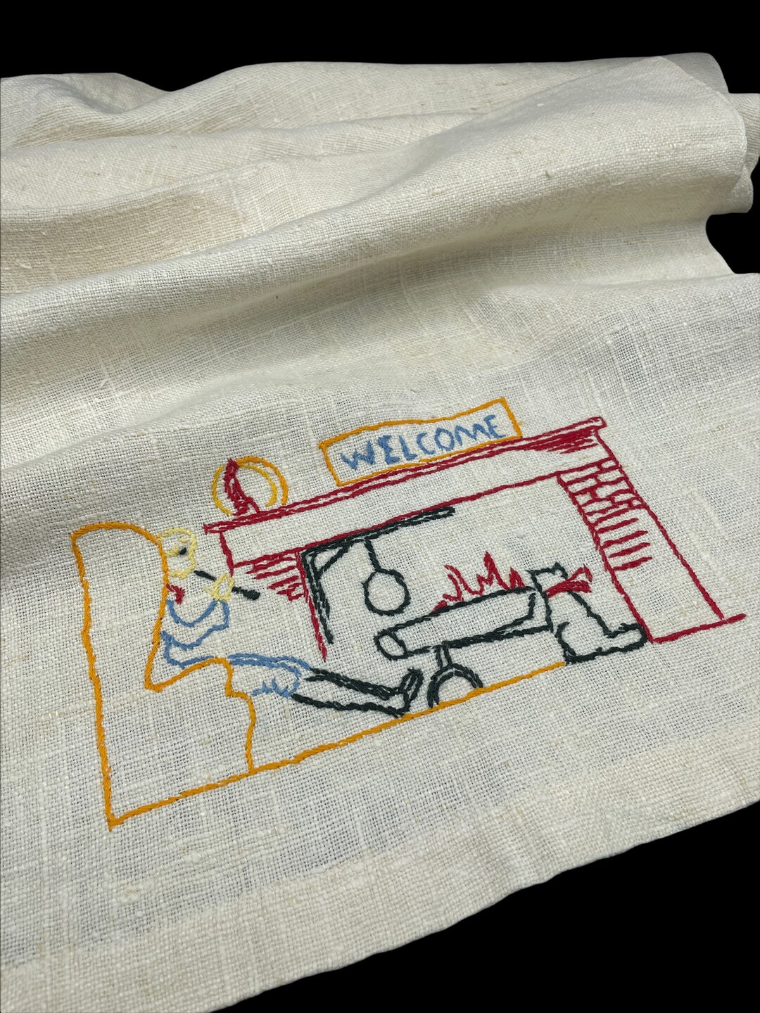 Natural Linen Embroidered Table Runner, Hand Embroidery, Tea Towel With ...