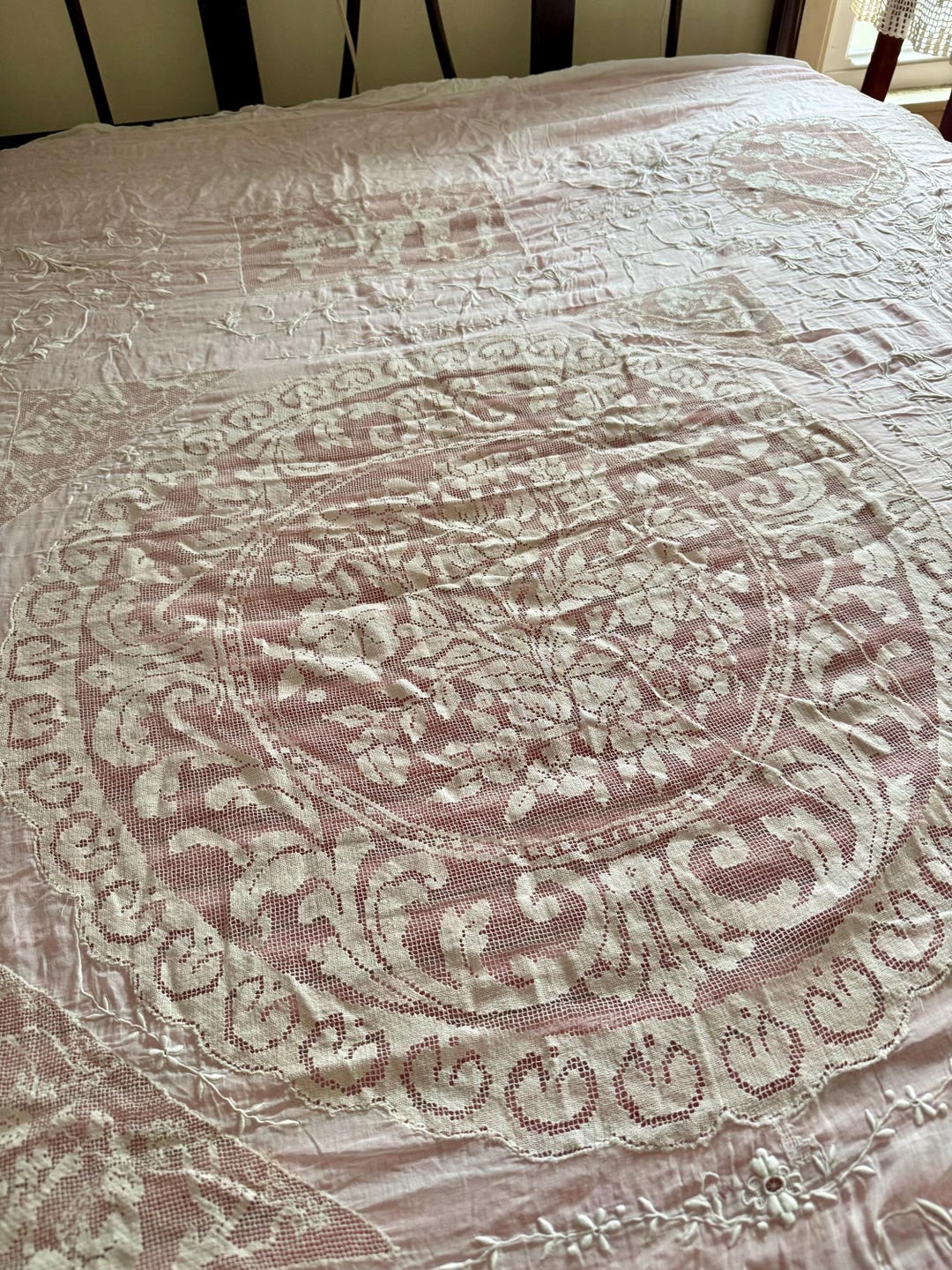 Antique Embroidered Coverlet, Queen Size White Bedspread, Lace Bed ...