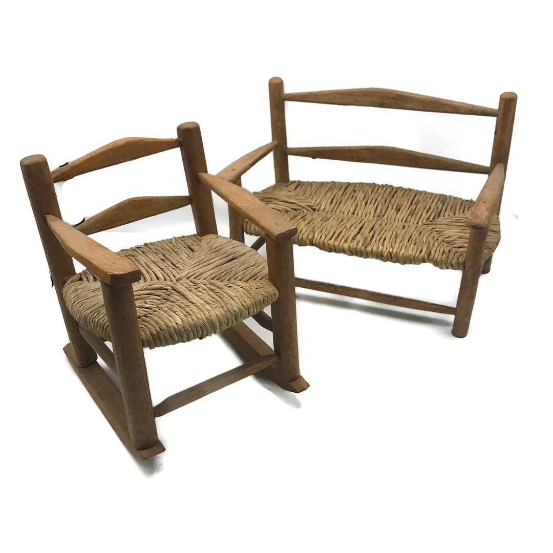 Vintage Rattan and Wood Doll Furniture, Two Piece Set, Rocker, Settee ...