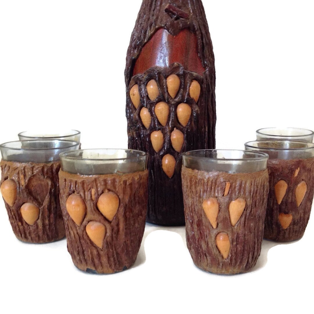Vintage Cork Bark Wine Bottle Set: Carafe and 6 Cups, KGST Marked - Etsy