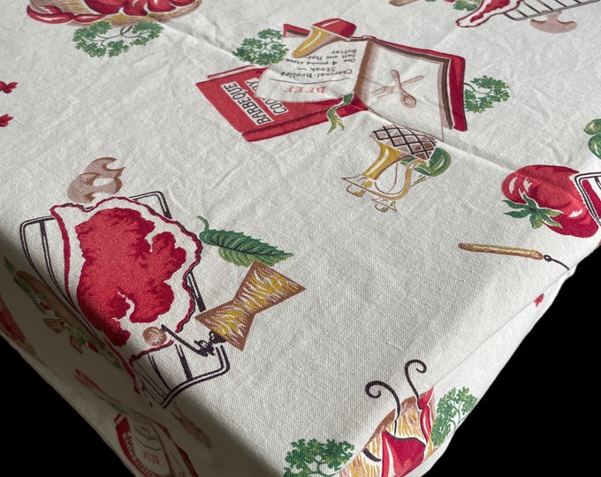 Vintage 1950s Large Cotton Tablecloth, Barbecue Food Theme, 55x82 ...