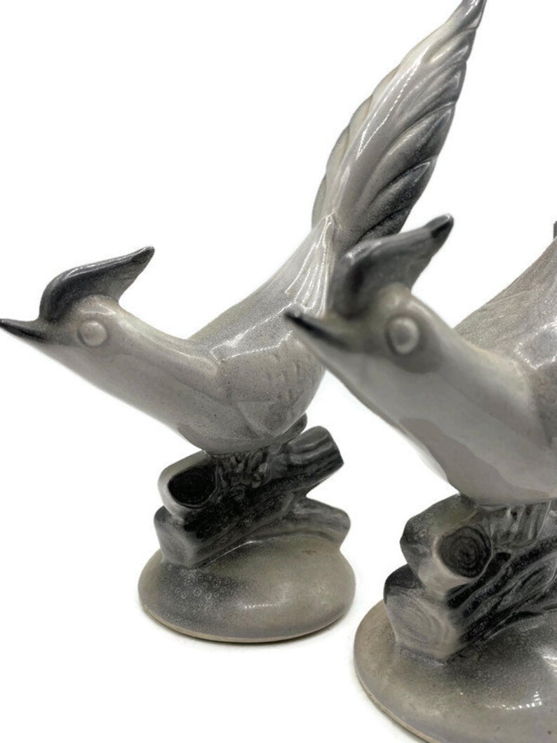 Mid Century Ceramic Bird Statues Two Gray Plumed Birds With - Etsy