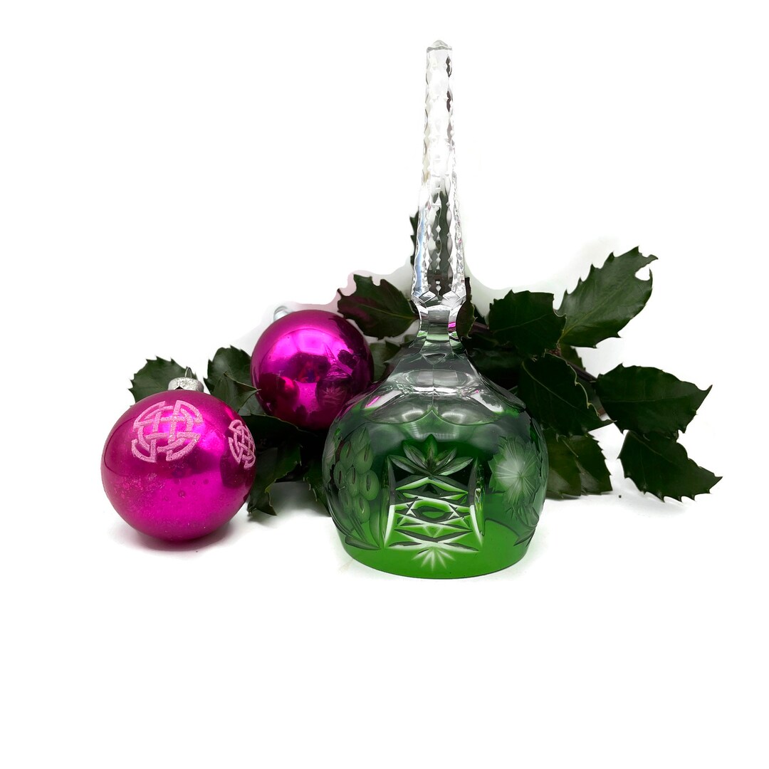 Vintage Bohemian Green Cut to Clear, Crystal Bell, Decorative Glass ...