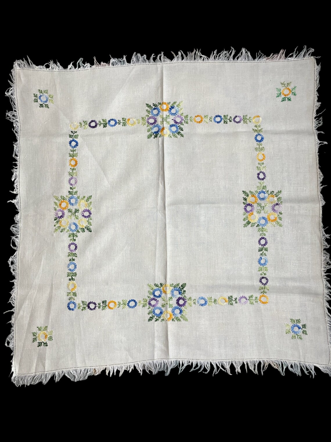 Vintage Embroidered Linen Tablecloth: Floral Fringed Hem, 30x30 - Etsy