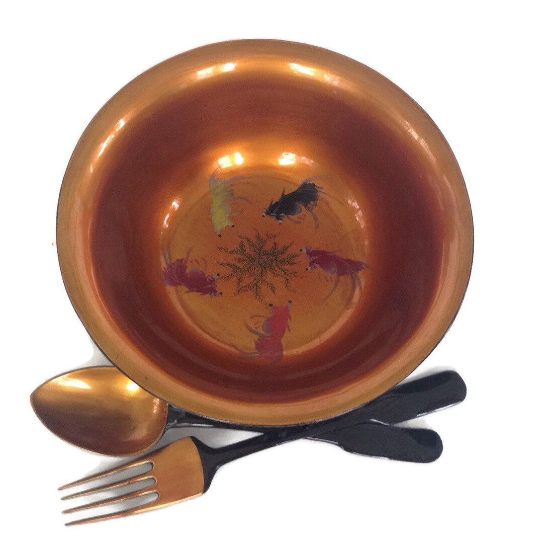 Black Lacquer Salad Bowl Set, Laquerware, Matching Salad Servers Asian ...