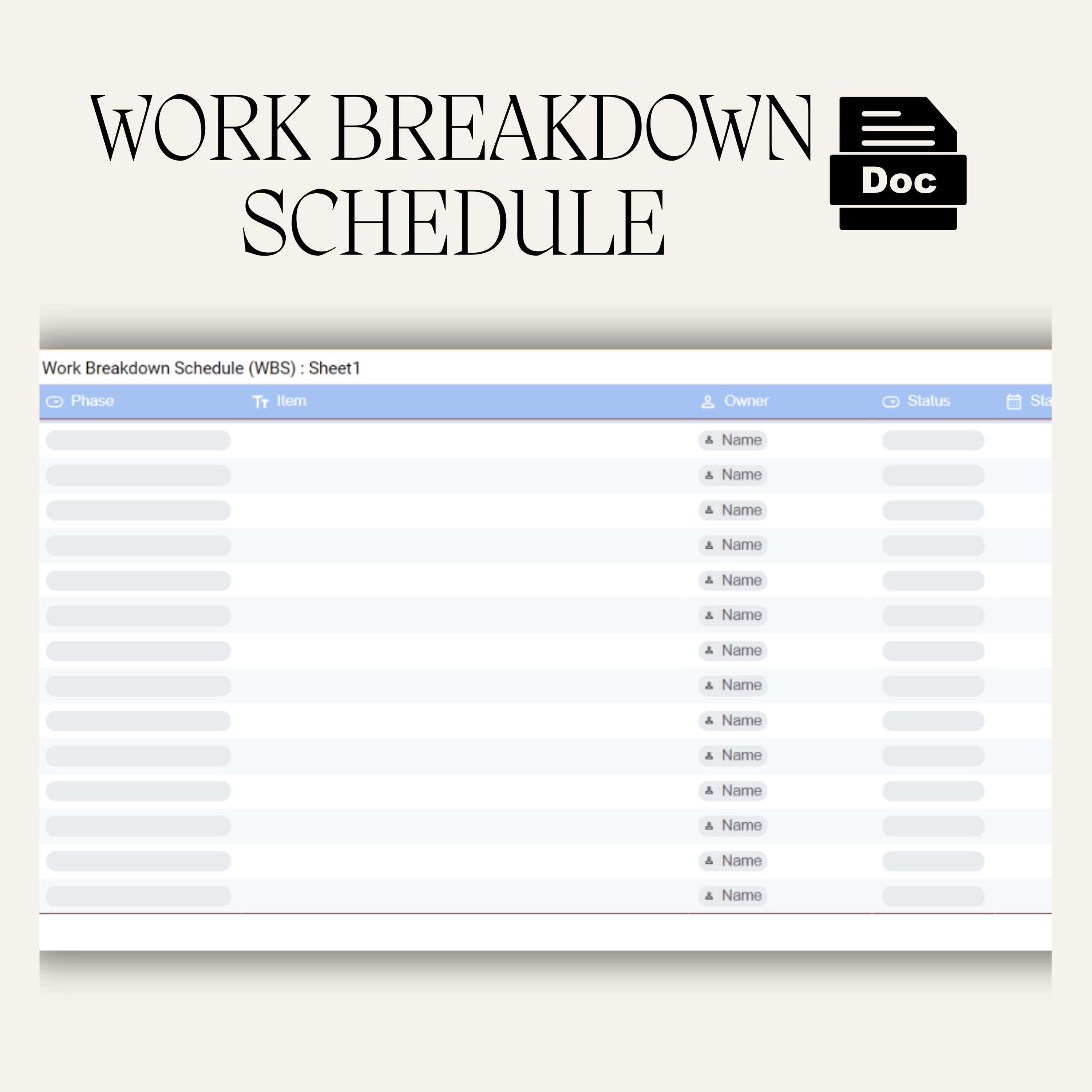 Work Breakdown Schedule Sheet, Project Management Task, Excel Template ...